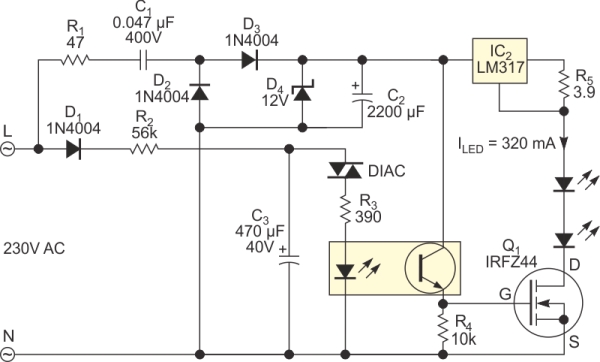 FLASH AN LED FROM AC-MAINS POWER