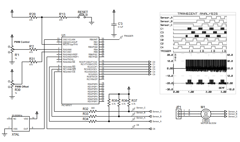 AN857 Sensorless Brushless DC Motor Control using PIC16F877 with Proteus Simulation
