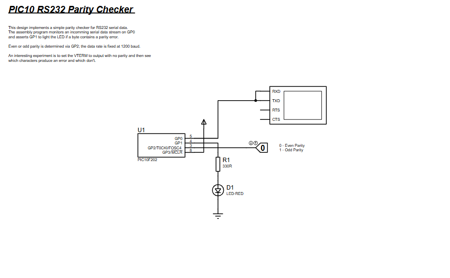 PIC10 RS232 Parity Checker using PIC10F202 with Proteus Simulation