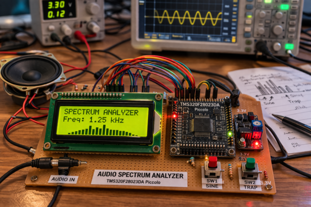 Audio Spectrum Analyzer using TMS320F28023DA (Proteus)